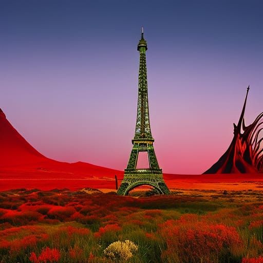 16k resolution, Salvador Dalí-inspired melting Eiffel Tower set against ...