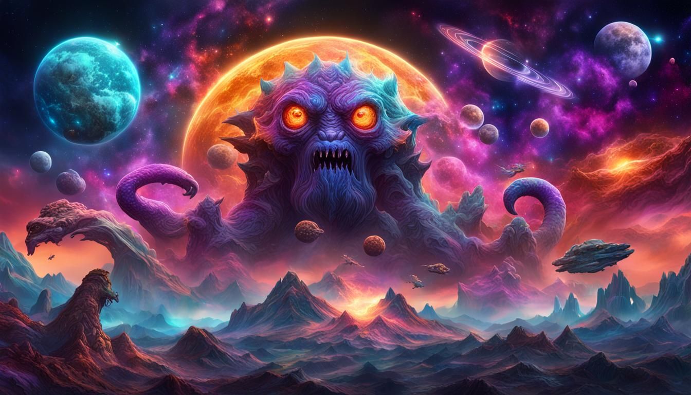 Other planar cosmic monsters in a collage surrounded by colorful ...