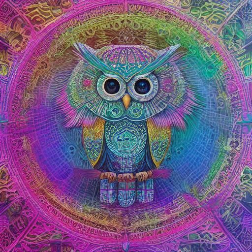Owl in a Heavenly 3D Colorful Tree of Life Sacred Geometry Epic ...