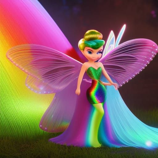 Tinkerbell fairy rainbow hair and rainbow dress making sparkling hearts ...