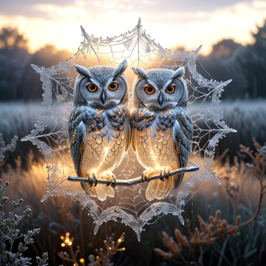 Two Owls - Owls in Shimmering Silver Etching