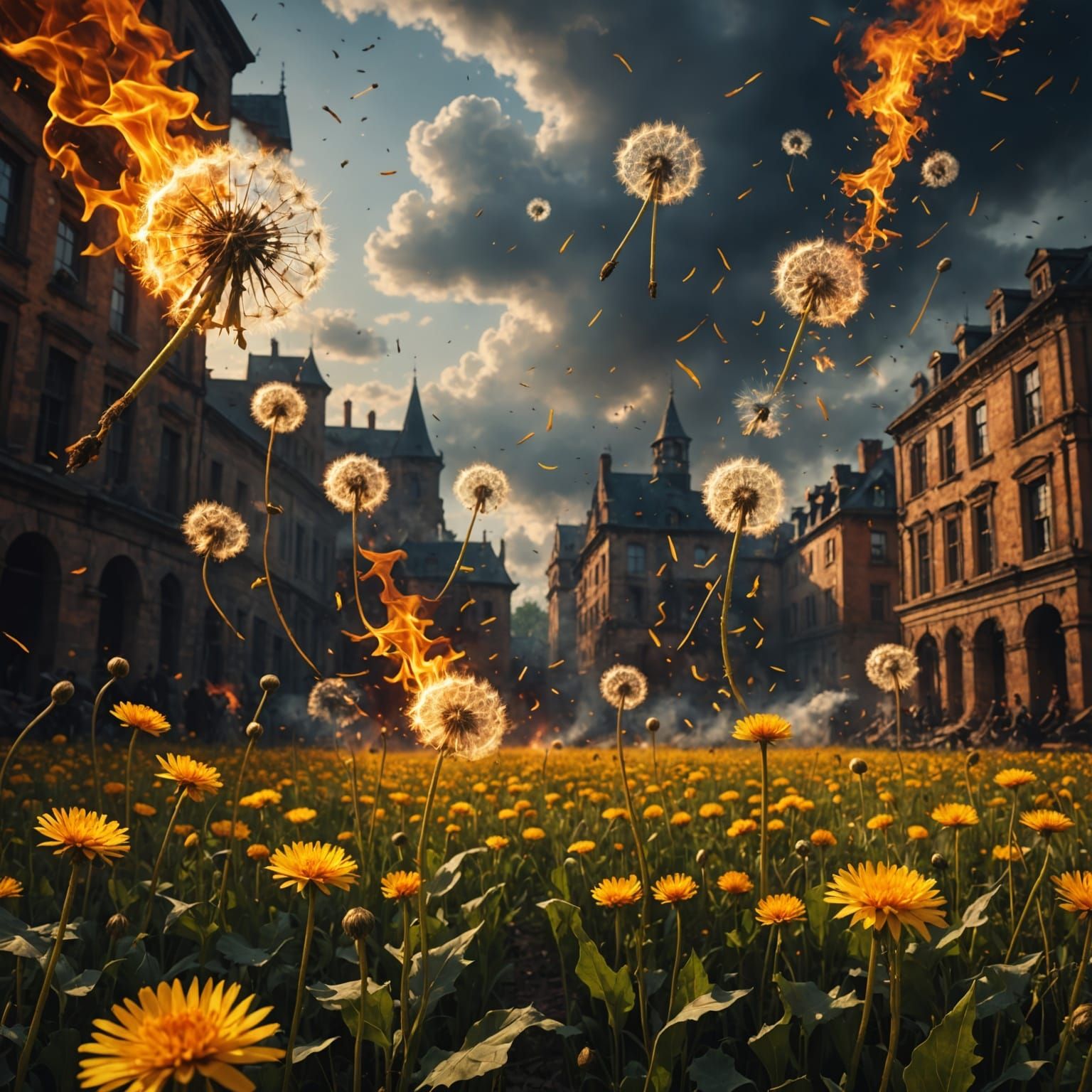 Dandelions on fire falling from the sky
