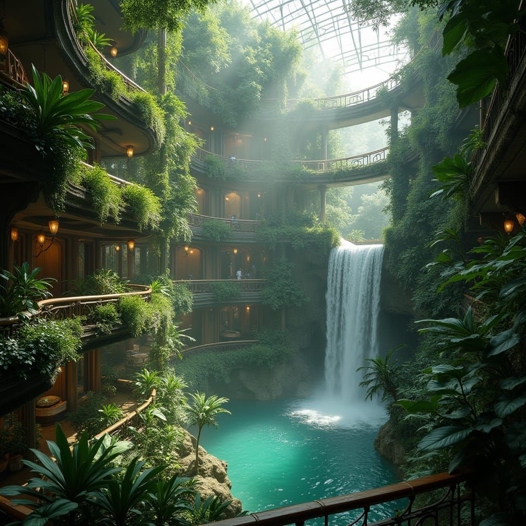 Central Atrium Oasis with Amazon Jungle Pool View - AI Art