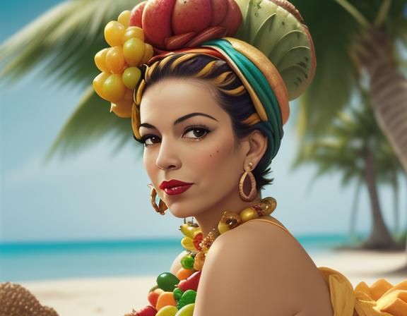 Carmen Miranda with her fruit turban on a Island Oasis. Chica chica ...