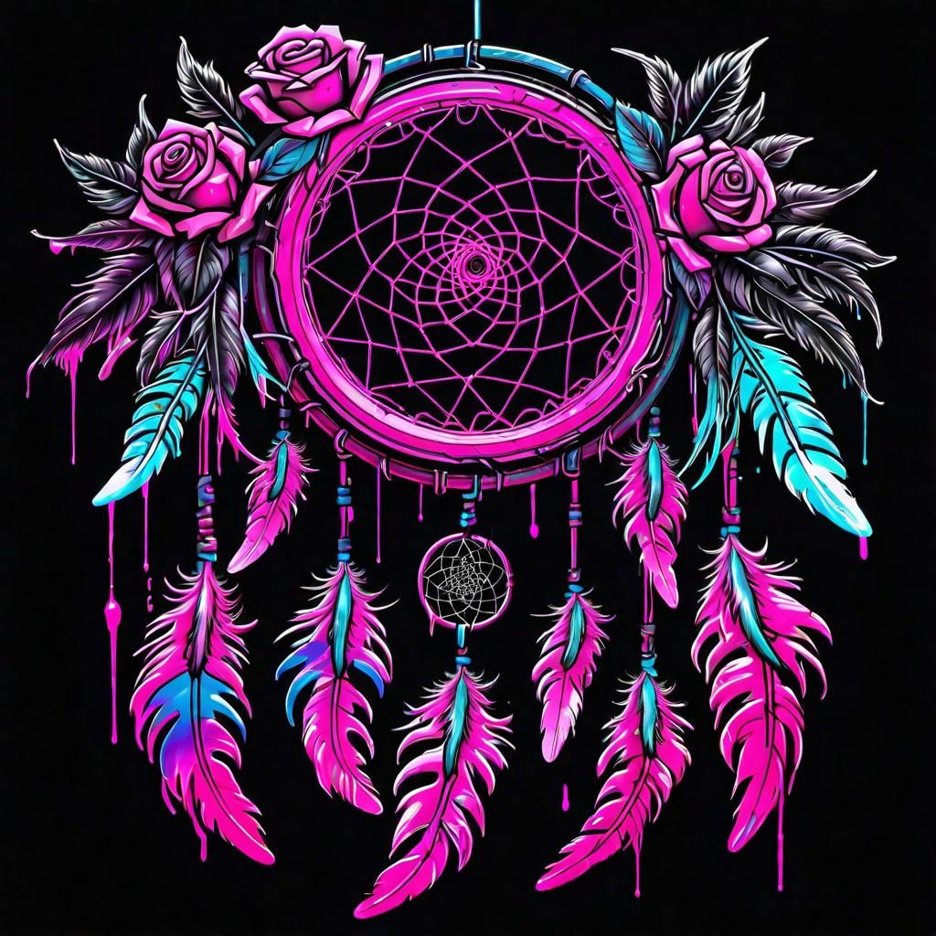 blacklight art line art shiny black and pink dreamcatcher made of roses ...