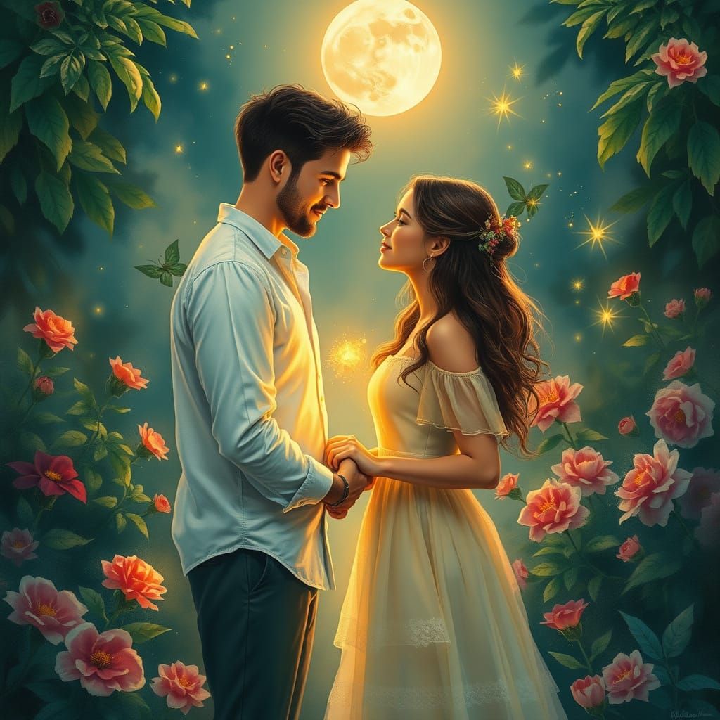 Realistic oil painting. Love portrait. Man and woman standing together ...