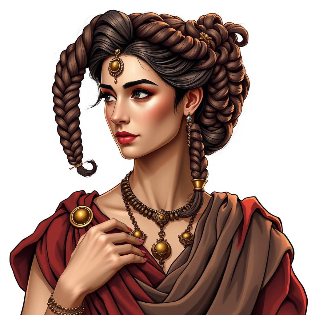 Beautiful woman dressed in 140 A.D. fashion and wearing hairstyle 140 A ...