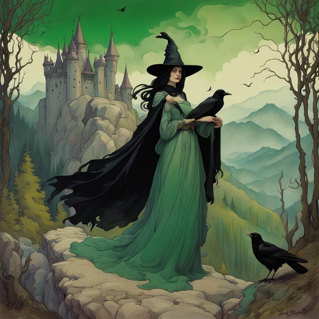 alfonso mucha witch morgana in a medieval dress with a black crow ...