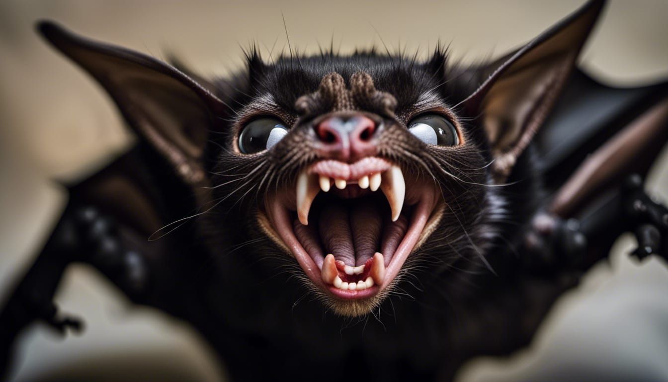 extreme close-up Photograph Portrait of 9, Demented obese Black, excited angry vampire-bat ...