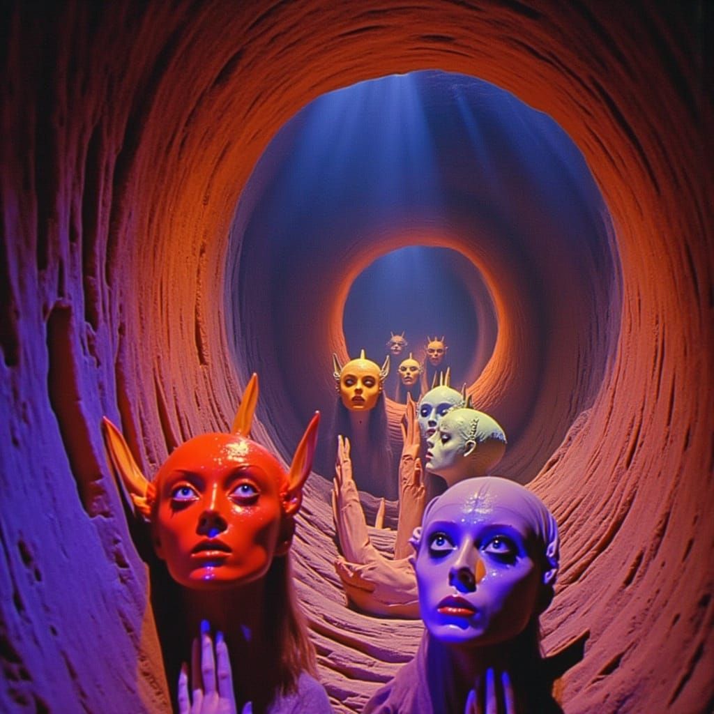 Tunnel of faces, many female heads in a concentric arching tunnel, stylized faces in various ...