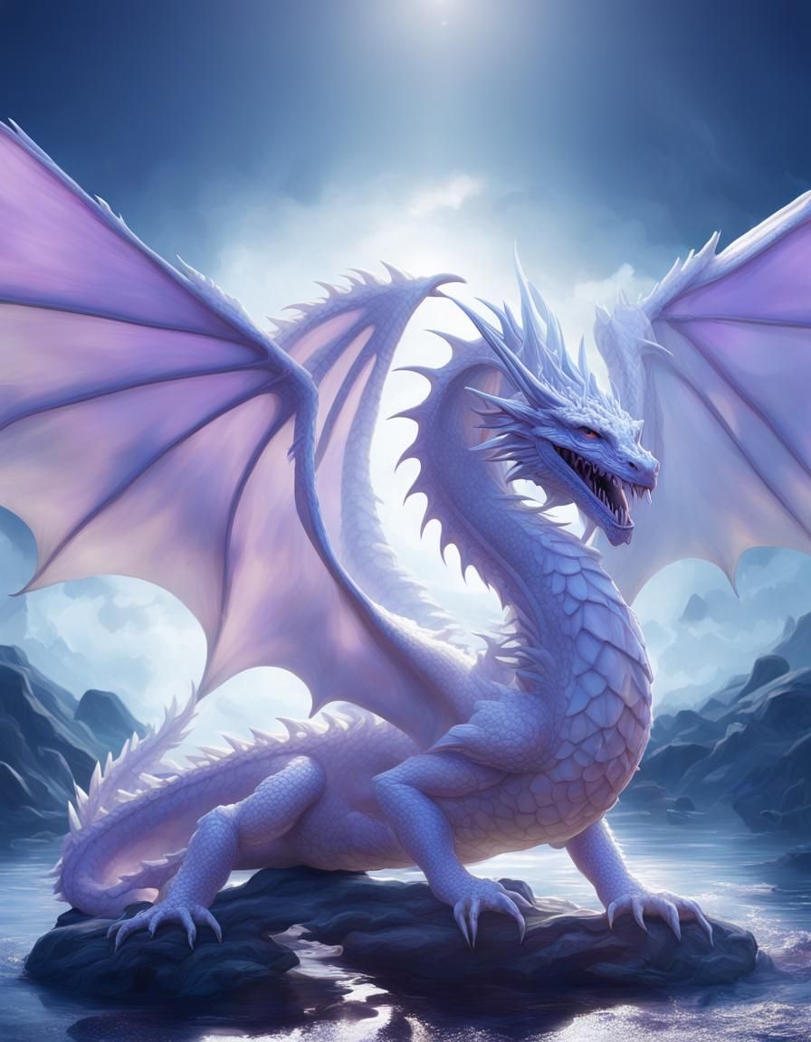 Majestic realistic looking pearlescent white dragon with pearlescent purple accents& realistic ...