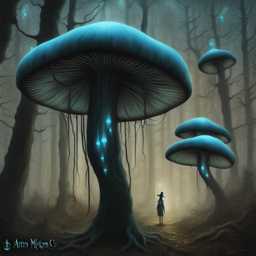 Macabre FLYING witch, ELDRITCH forest, BIOLUMINESCENT transparent ...