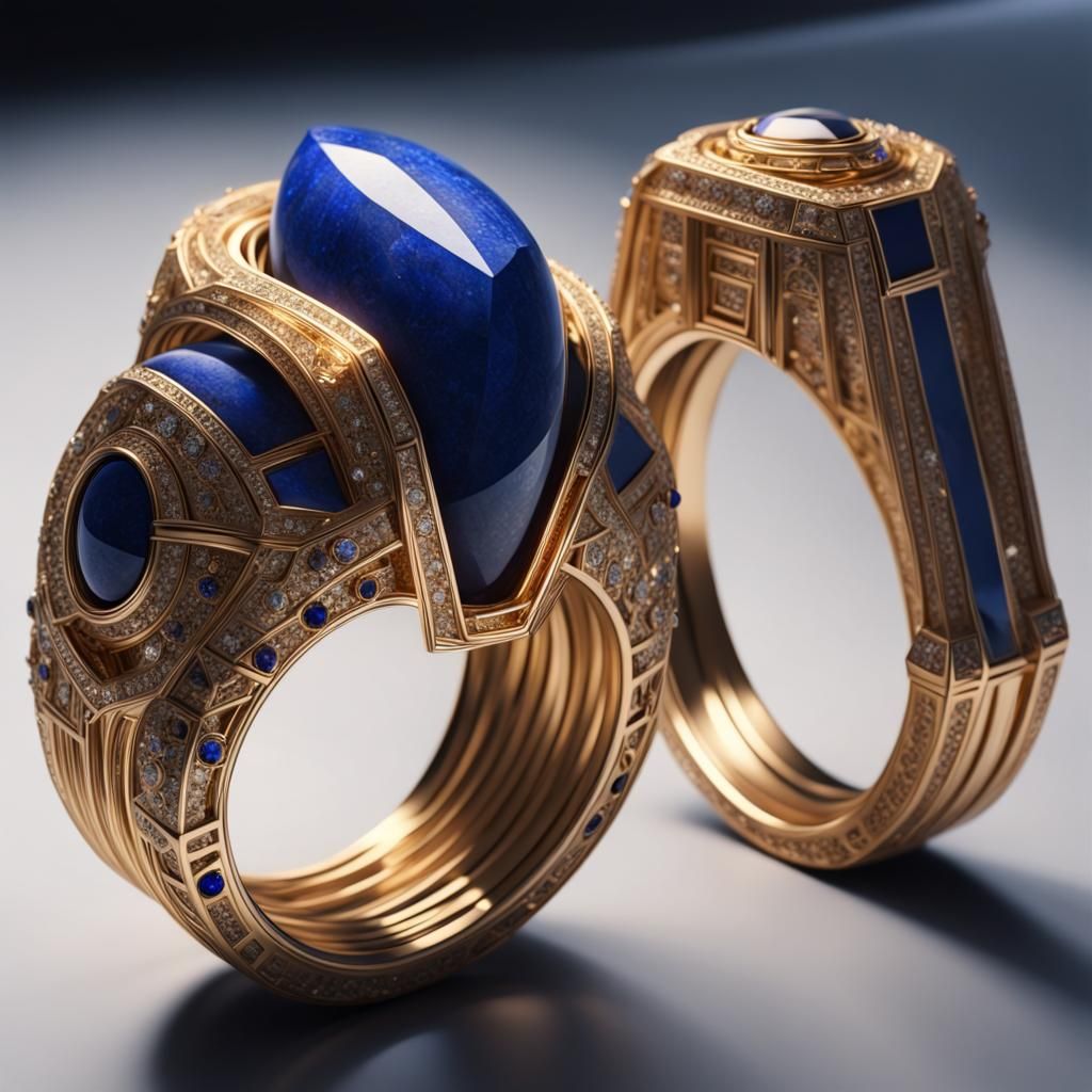 Futuristic Rings with Diamonds Lapis and Diamonds in Gold - AI Generated Artwork - NightCafe Creator