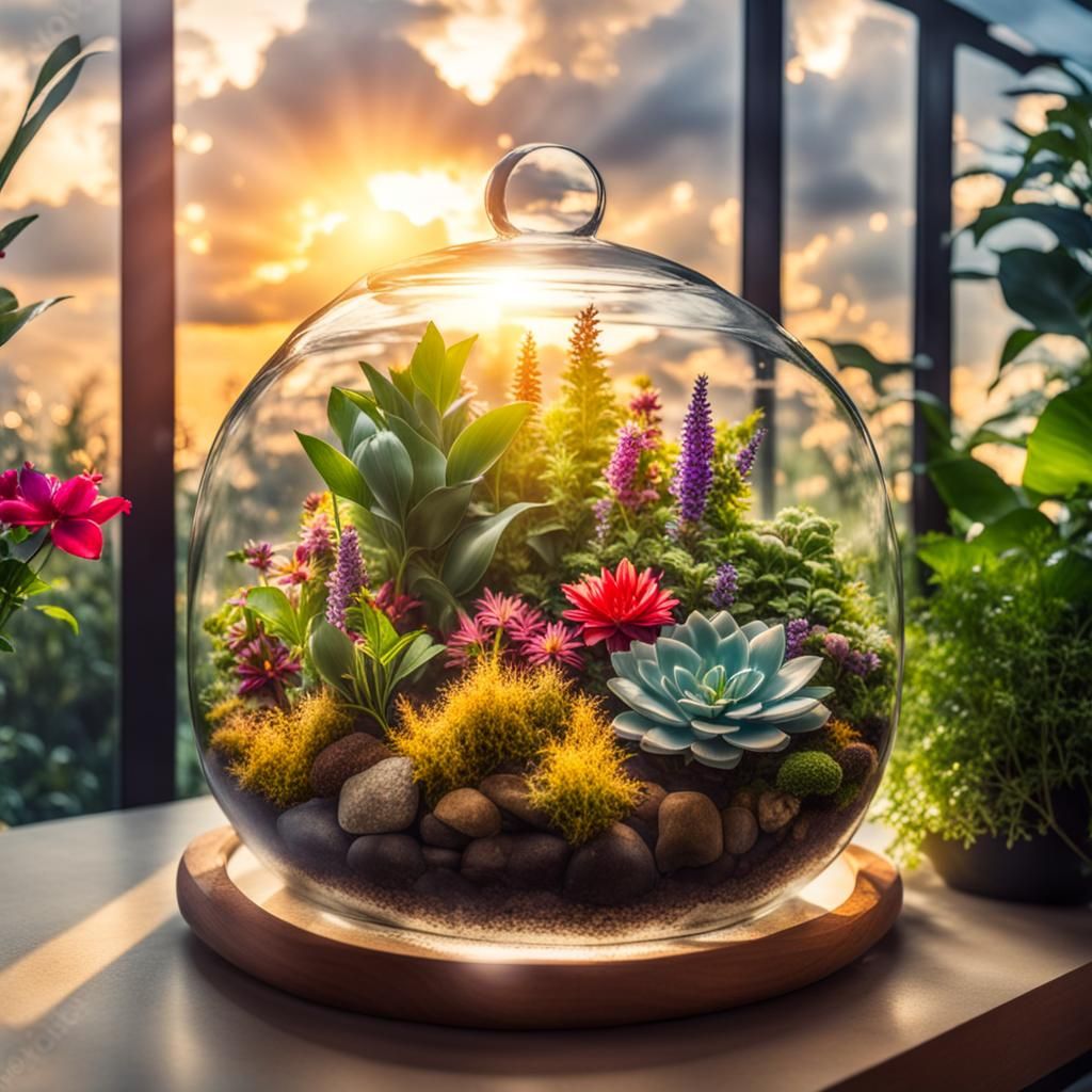 exotic plants and colorful flowers inside terrarium with sunset in the ...