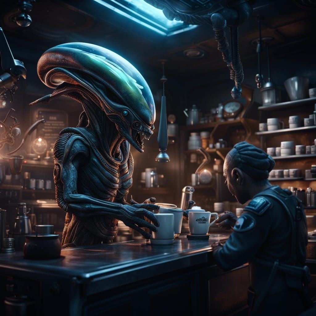 Coffee shop in space with an alien xenomorph barista serving, detailed ...