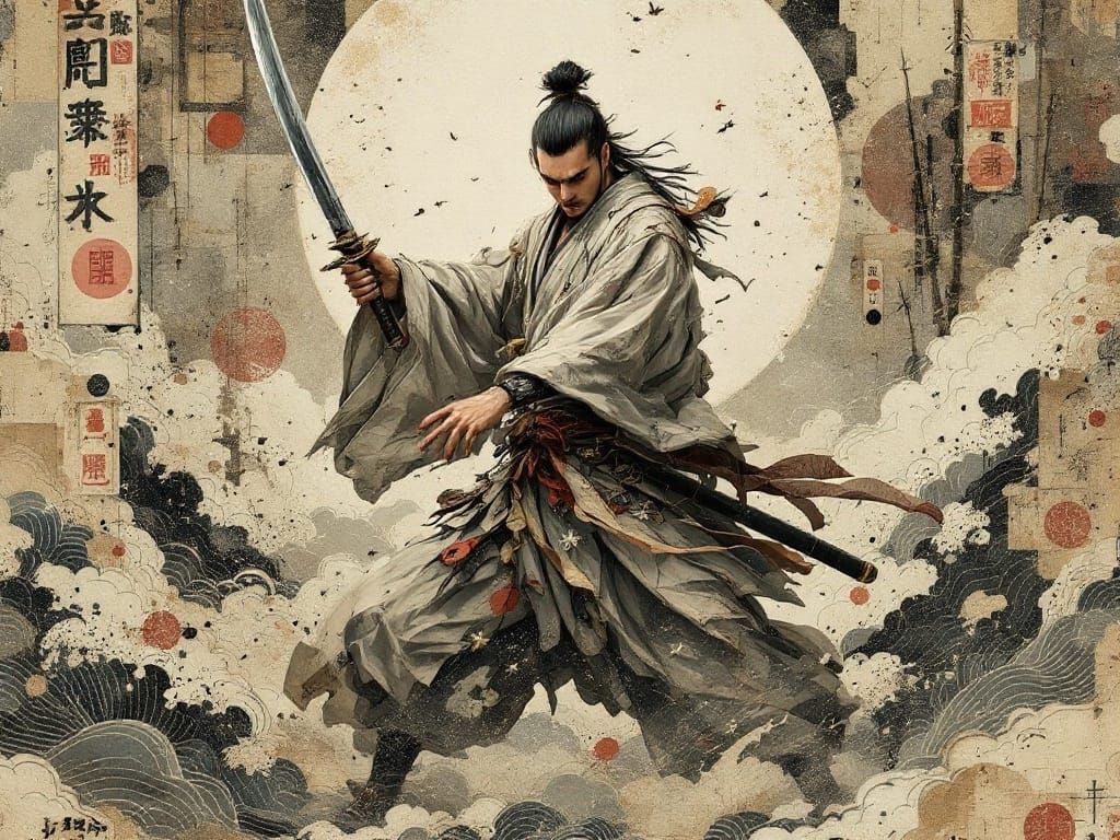 fierce Japanese swordsman - Japanese Warrior in Traditional...