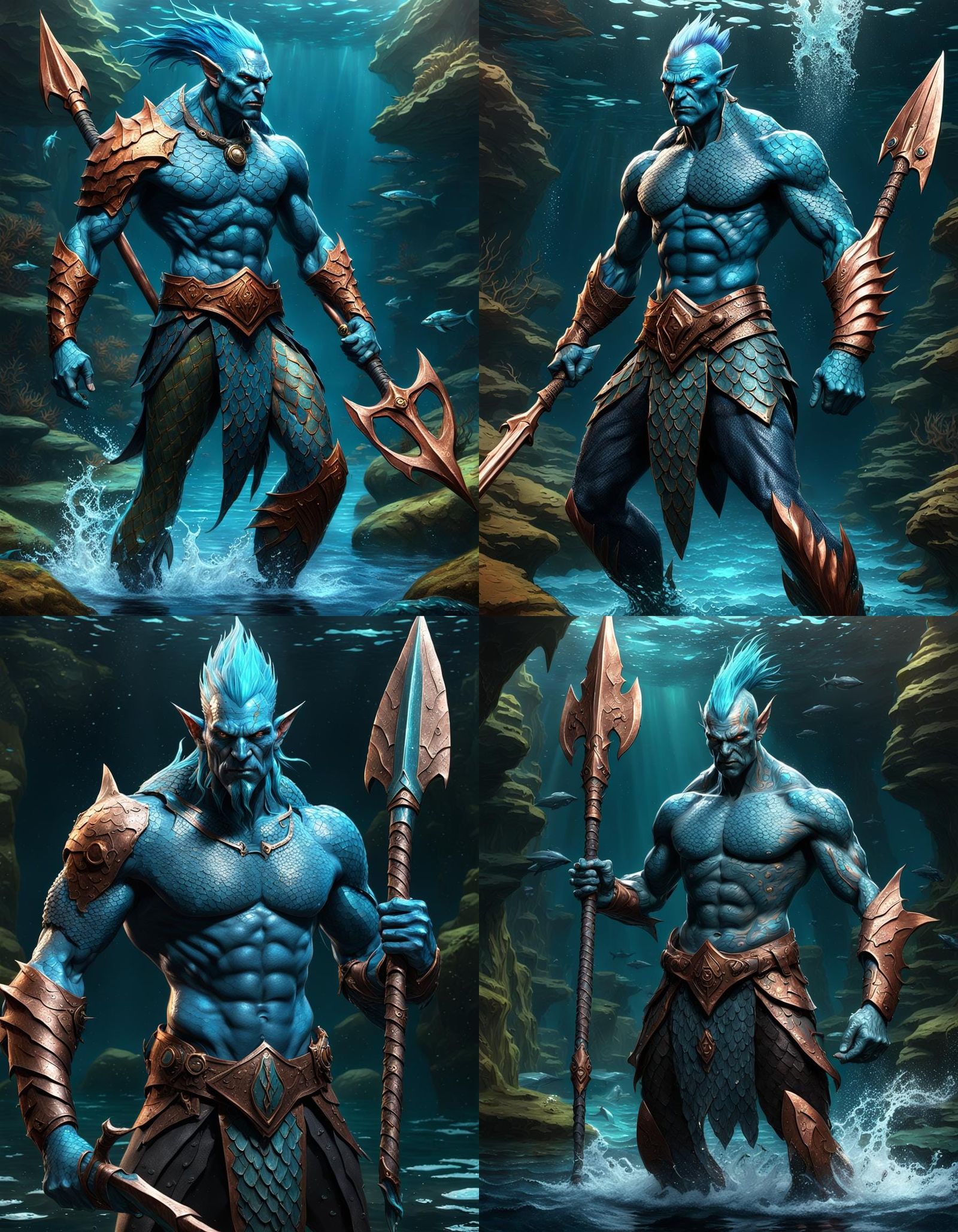 Dynamic lighting. Aquatic humanoid male with copper skin and blue hair ...