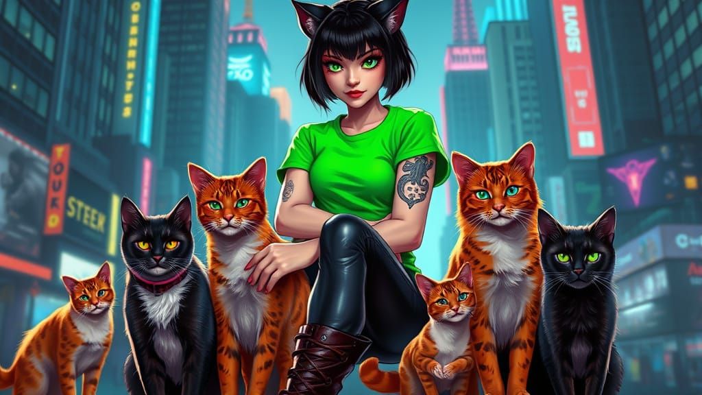 Cat-Shifter Villain in Glitchcore Cityscape - AI Art