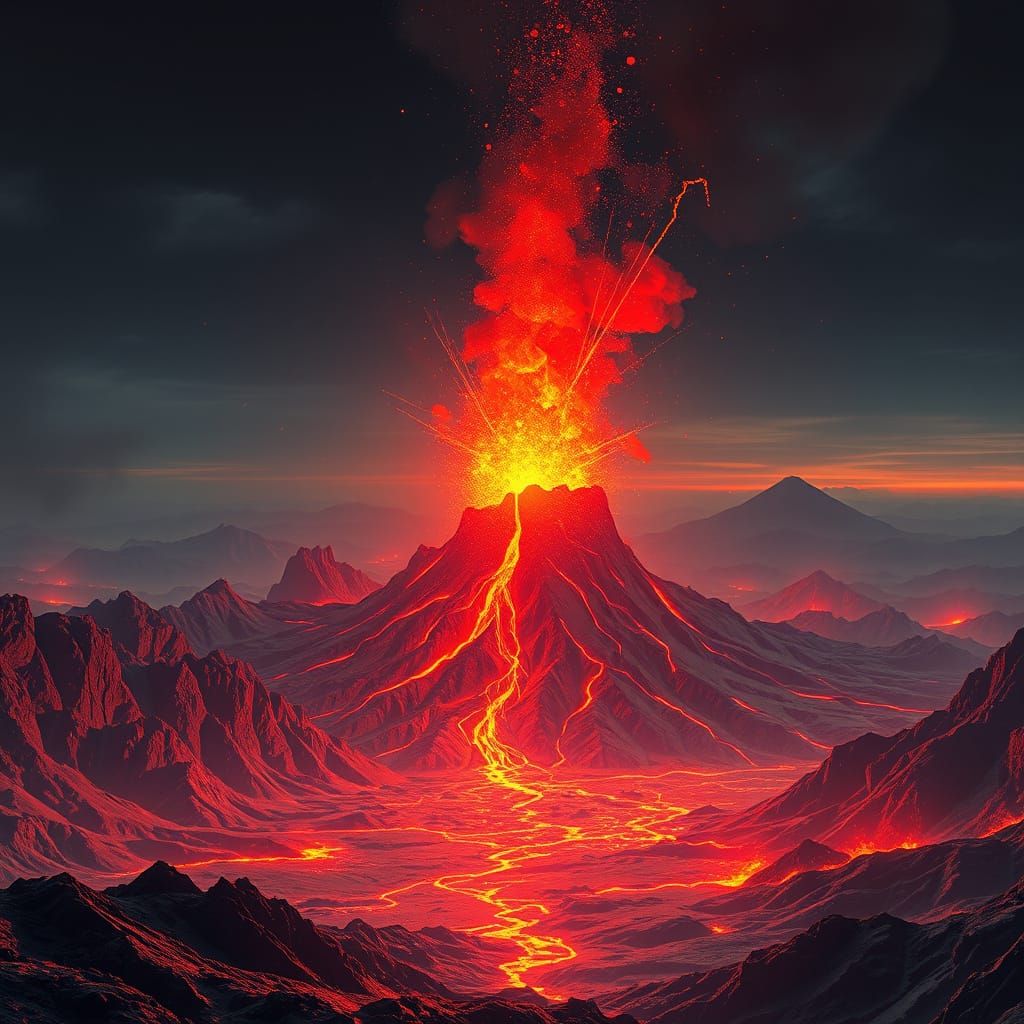 Volcan en éruption - Erupting Volcano in Futuristic Landscap...