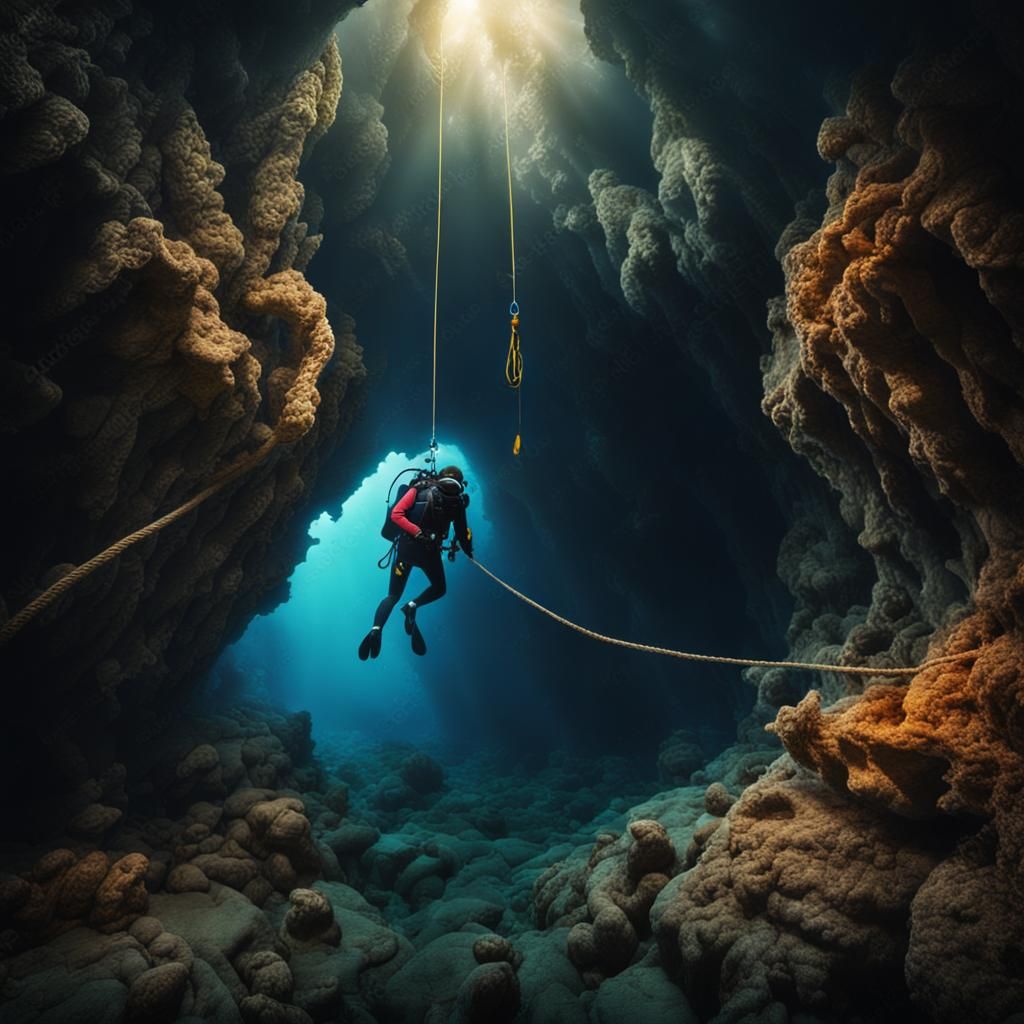 scuba diver descending down vertical underwater cave with safety guide ...