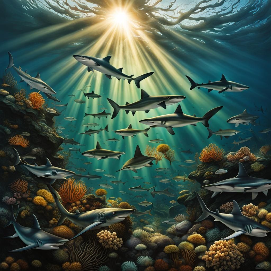 Under the sea, school of sharks on a feeding frenzy, sunken ships ...