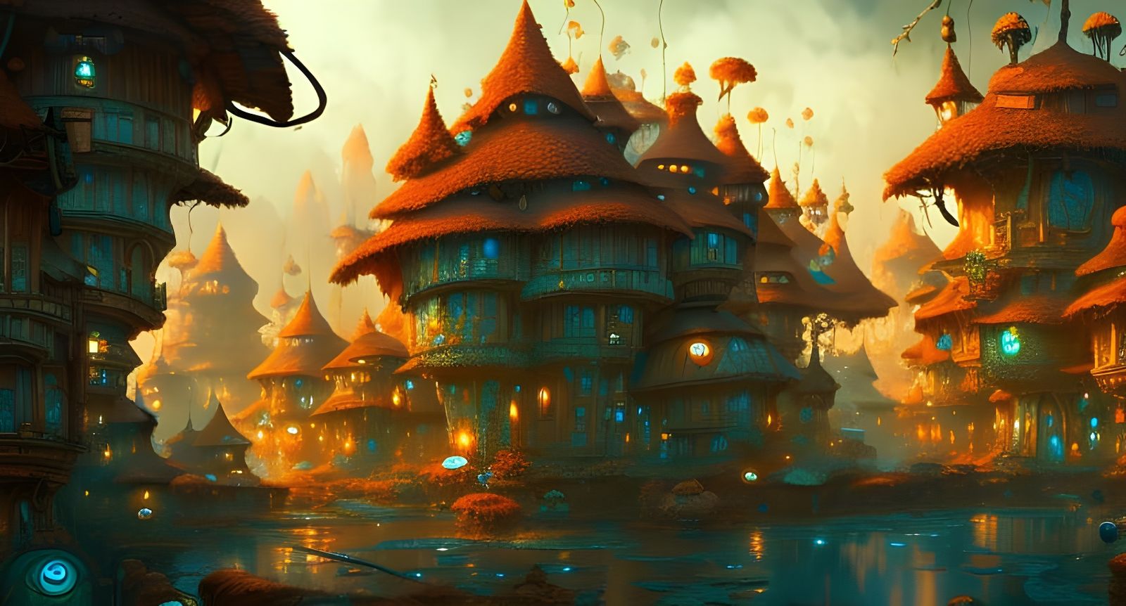 Hyper-detailed masterpiece of a mushroom village by Joe Fenton brian ...