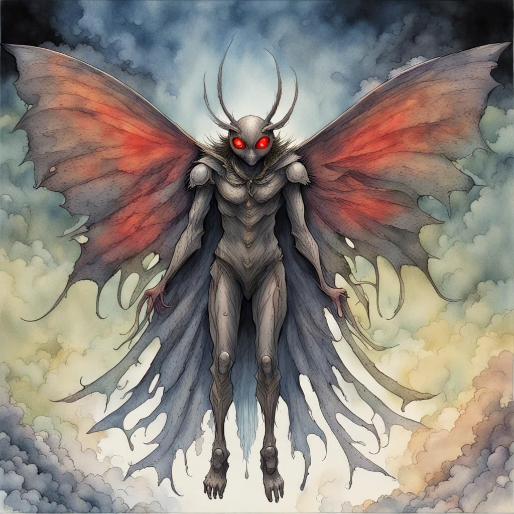 Mothman, anthropomorphic moth-man, myth, death omen, Yoshitaka Amano ...