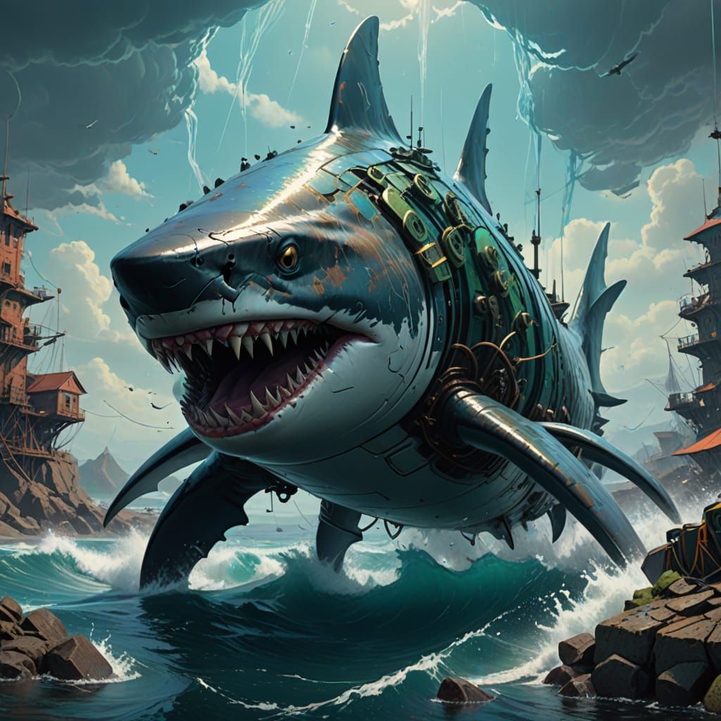 tiburon - Mystical Ocean Serpent Shark Emerges in Iridescent...