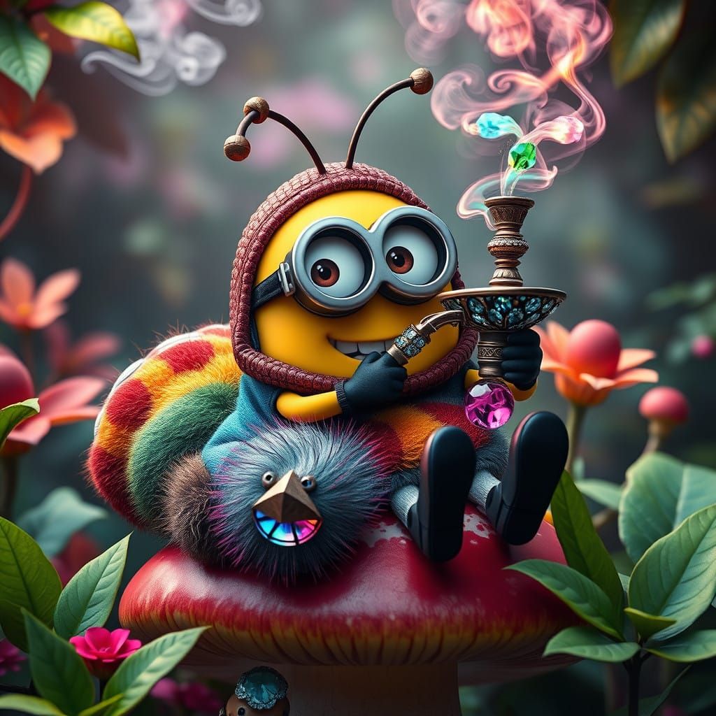 A minion, Dressed up as The Caterpillar, smoking a Hookah,from Alice in ...