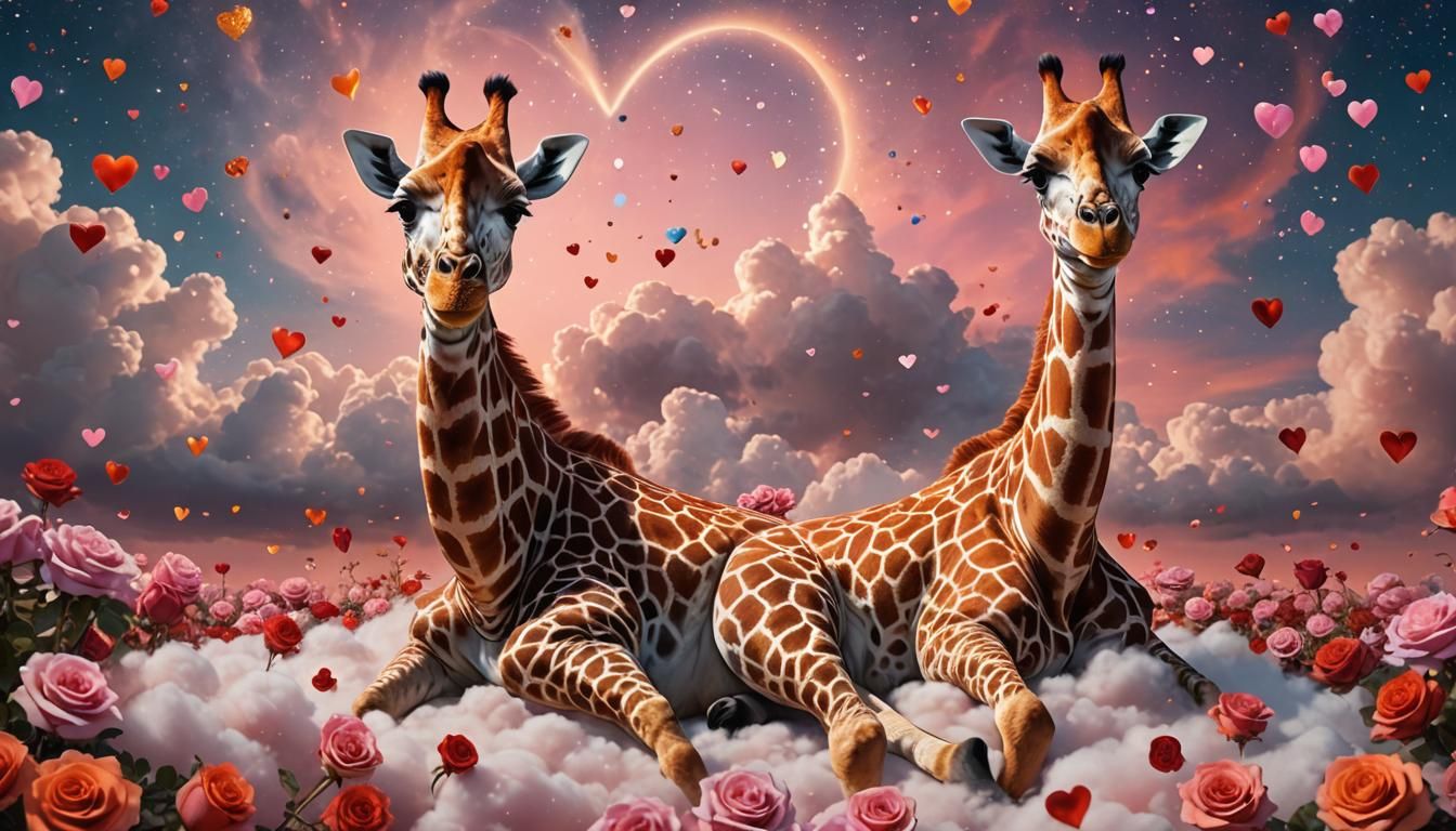 Just one bright orange-eyed Giraffe lies down on a fluffy cloud ...