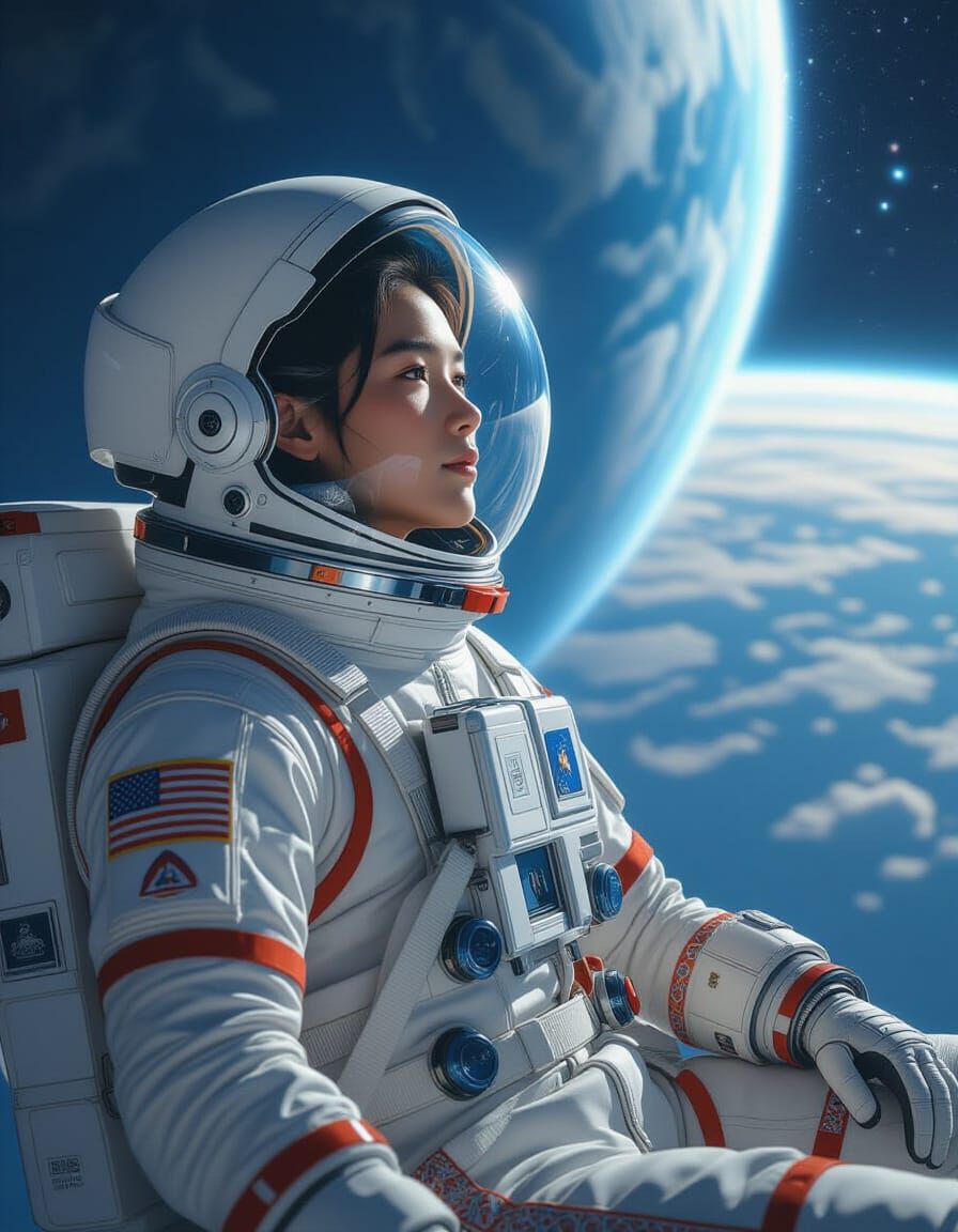 Hmong Astronaut Gazing at Tilted Earth in Space - AI Art