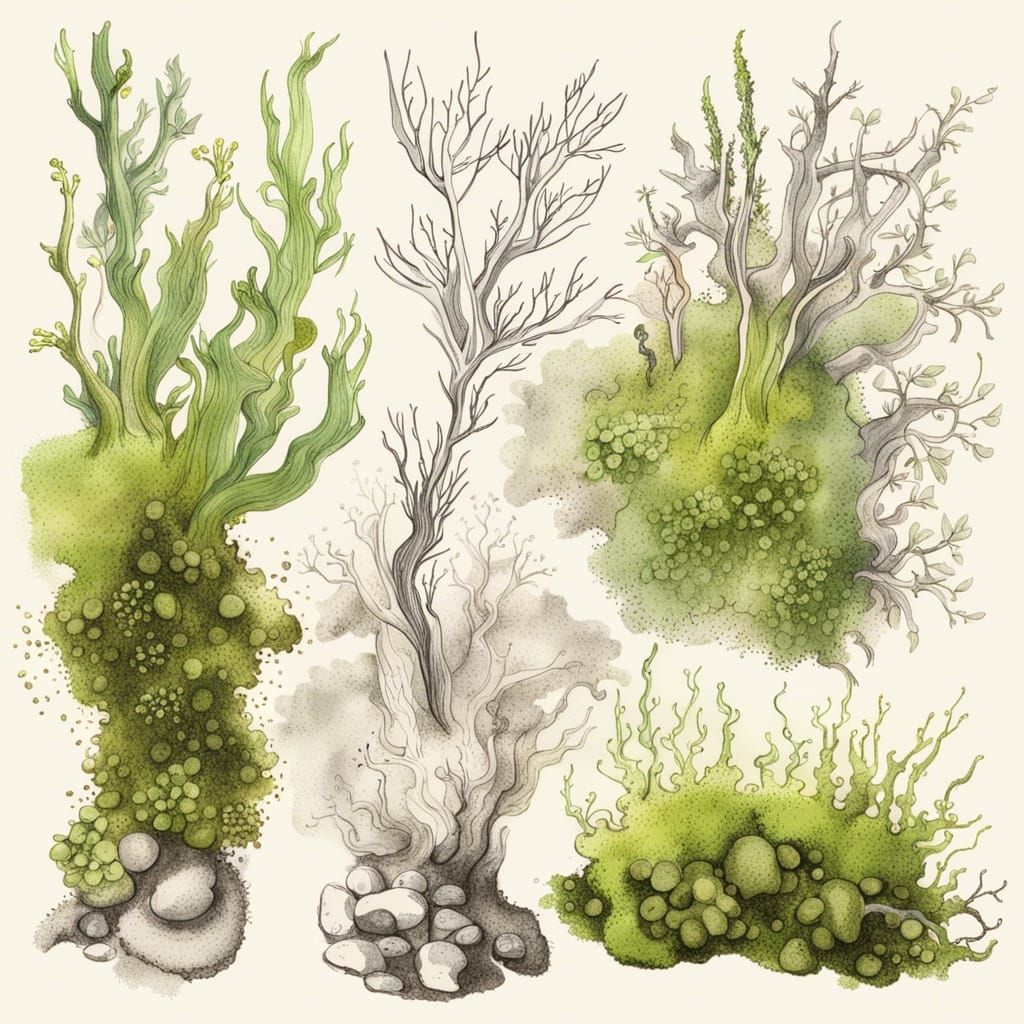 hand draw botanical sketch of different stages of moss in one picture ...