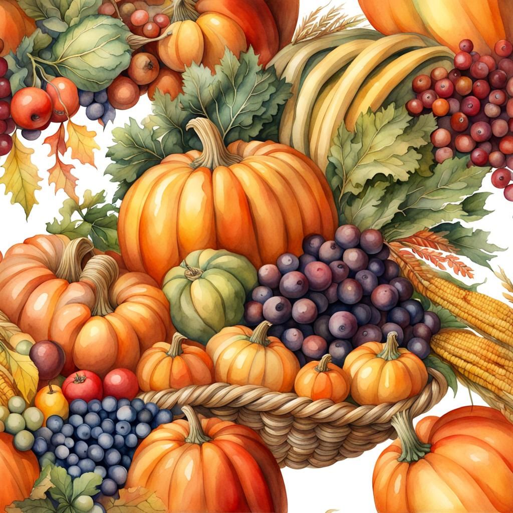 watercolor painting a traditional cornucopia overflowing with an ...