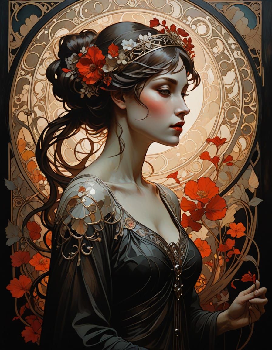 In a realm where shadows dance with light, the artwork unfolds—an ...