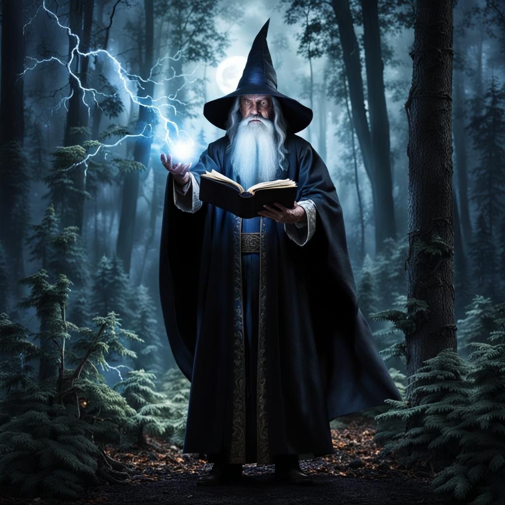 (photo real old wizard whole body shot1.4) (holding black spell book in ...
