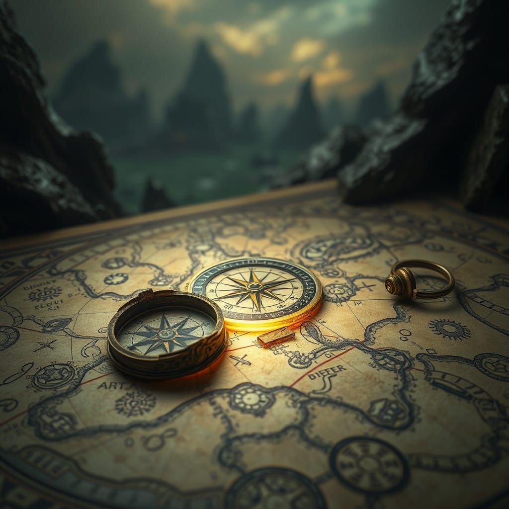 Shattered Compass on Ancient Map in Ethereal Lands... - AI Art