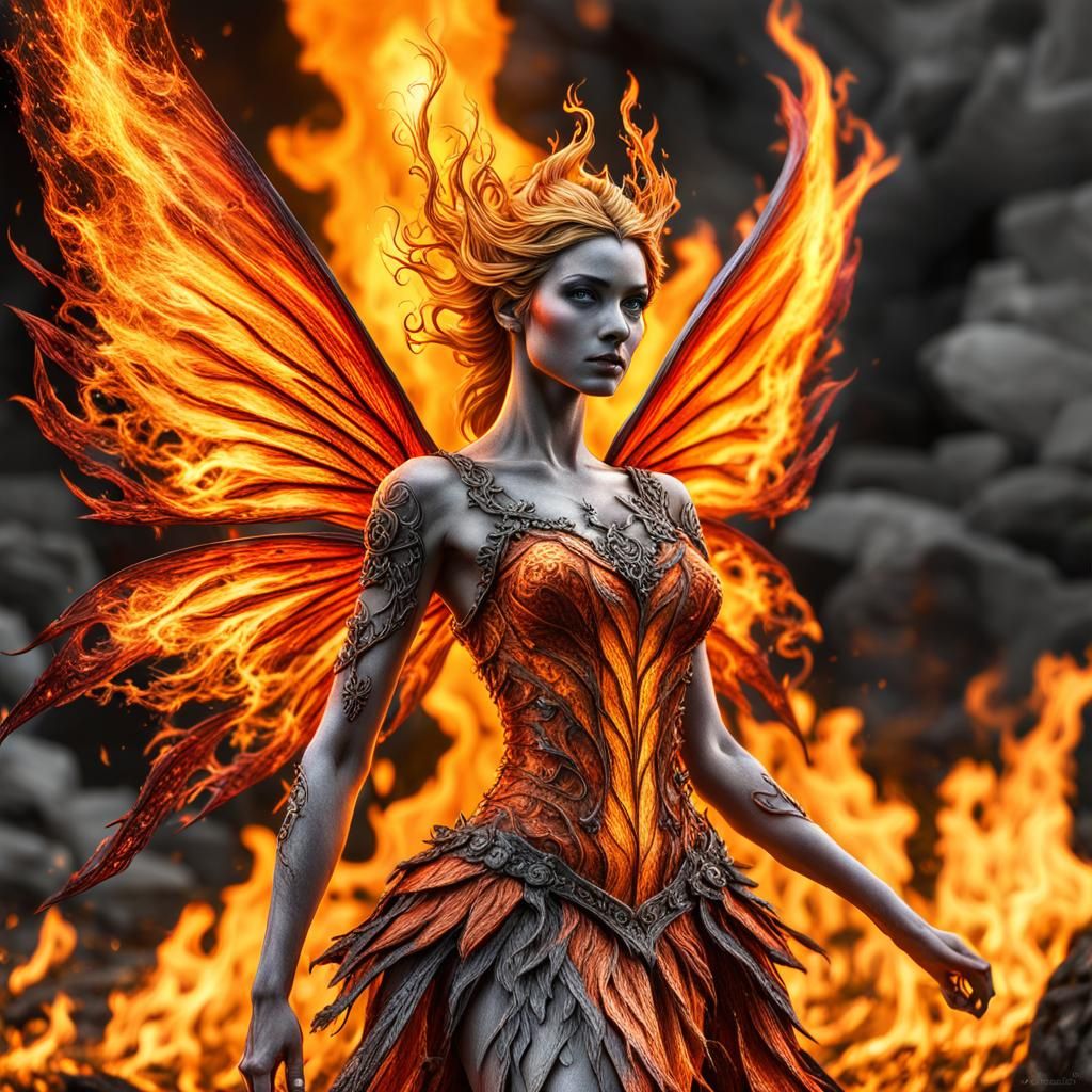 Beautiful Flame fairy, Standing in a Flow of Flaming Out Control Huge ...