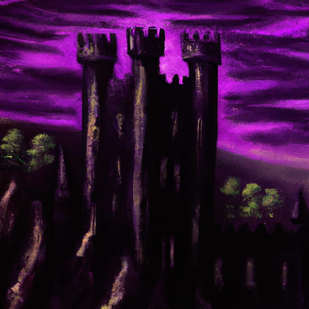 Detailed painting of a dark, crumbling castle under a strange purple ...