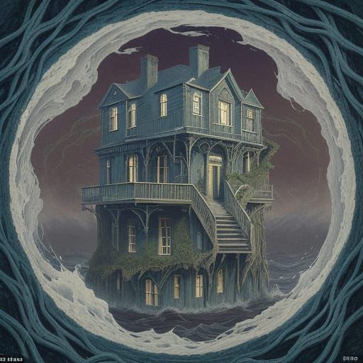 A multi-storey rickety old house on a tiny island in the middle of the ...