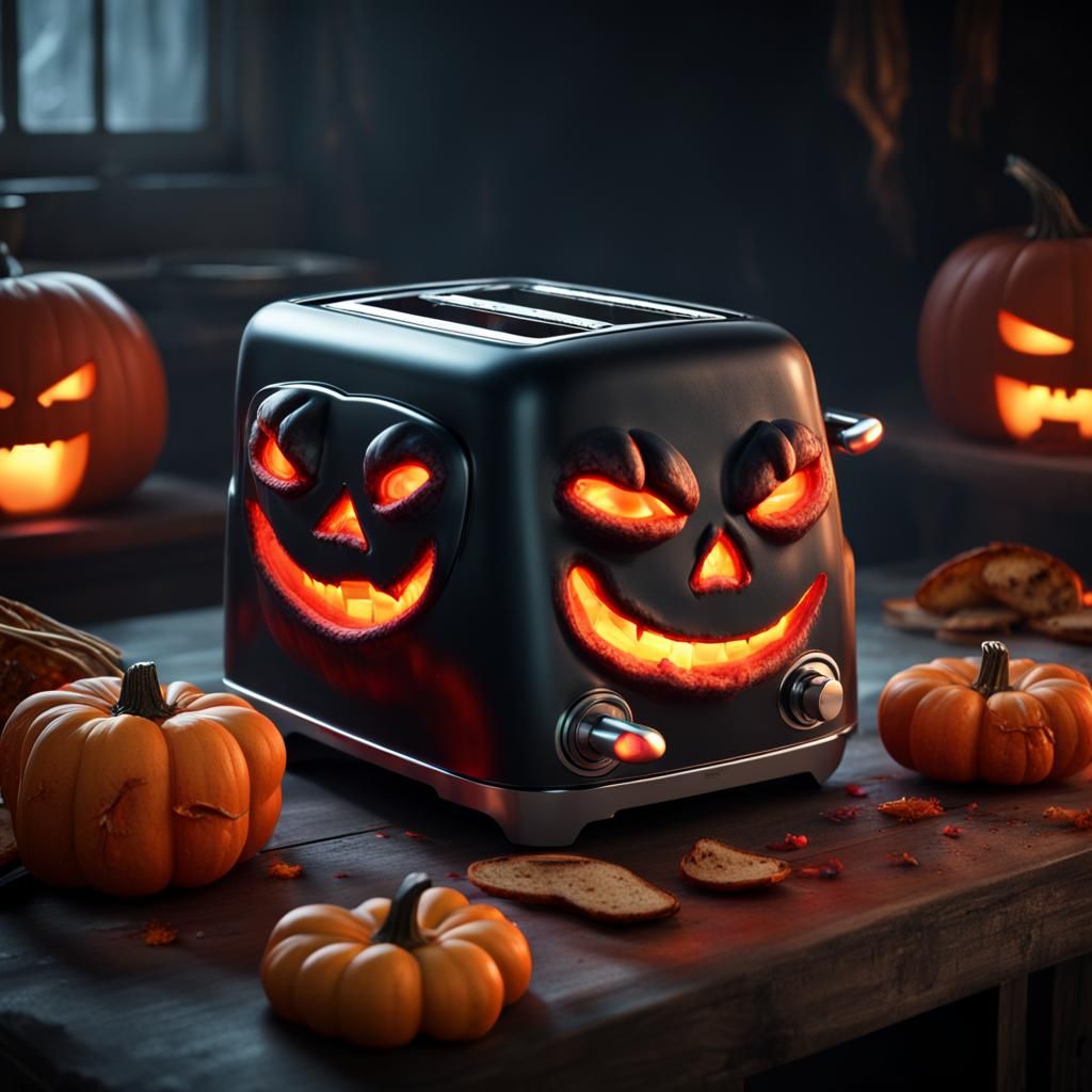 spooky horrific toaster with bread sticking out of it teeth and red ...