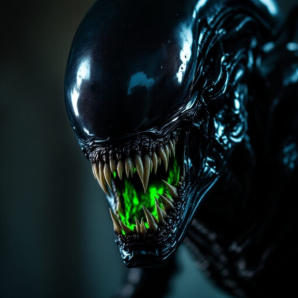 Alien - Dark, Metallic Xenomorph Closeup in Cyberpunk Biome...