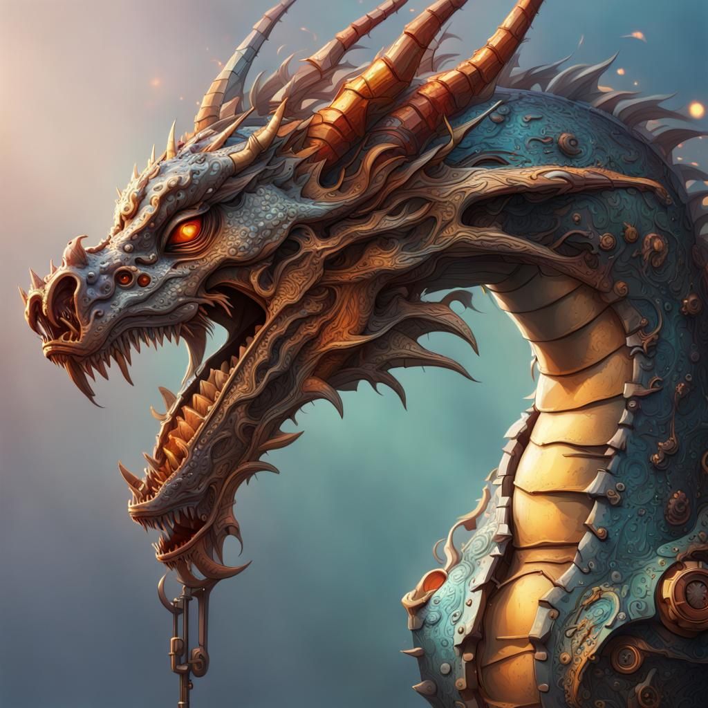 mechanical dragon Hyperrealistic, splash art, concept art, mid shot ...