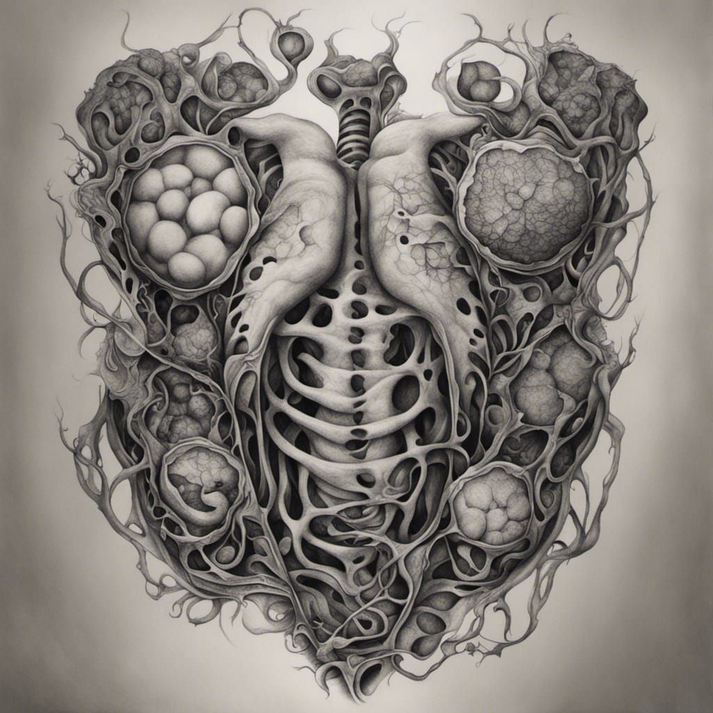 a chest tattoo inspired by cells and living things that has natural ...