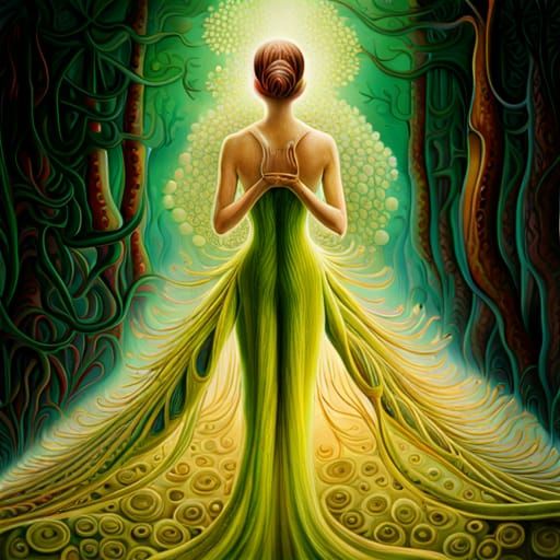 praying mantis-human hybrid woman in mycelium network in warped ...