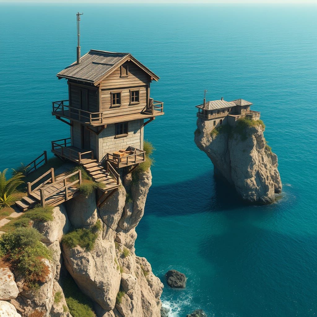 A multi-storey rickety old house on a tiny island in the middle of the ...