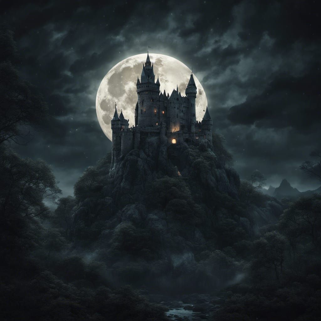 ominous moon shining over black castle in the middle of Celtic dark ...