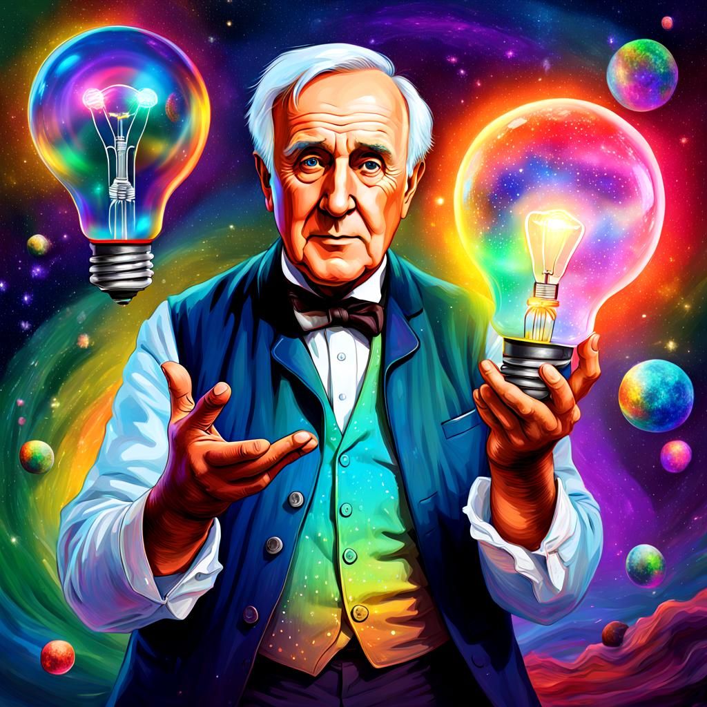 Thomas Edison holding rainbow colored light bulb - AI Generated Artwork ...