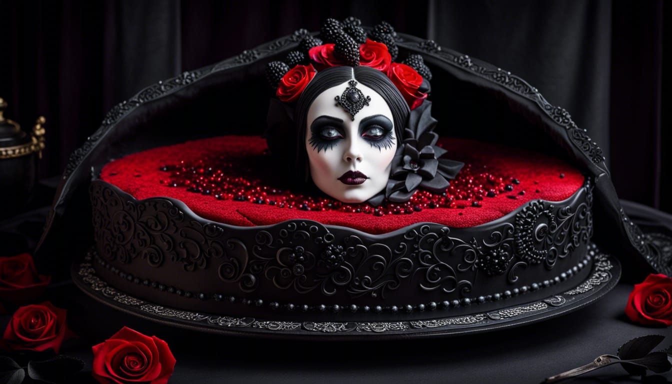 goth cake;dead Goth beauty in full frosting makeup lies in open coffin ...