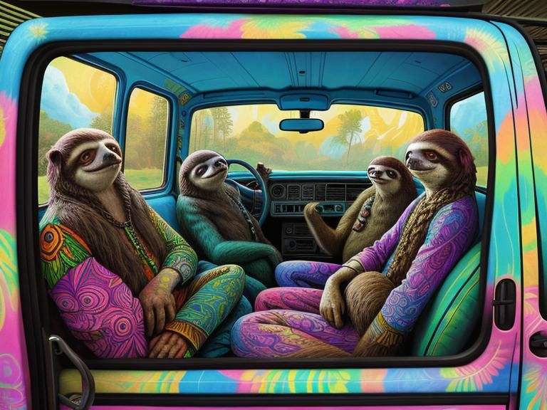 4 SLoths in a hippie psychedelic-painted van. - AI Generated Artwork ...