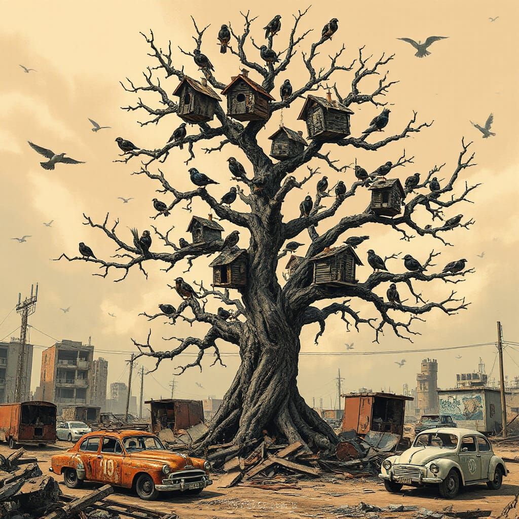 A high-rise tree of interconnected birdhouses in a post-apocalyptic ...
